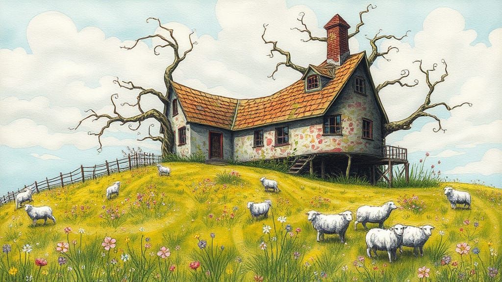 Whimsical, bizarre, twisted, bending house on a flowering meadow