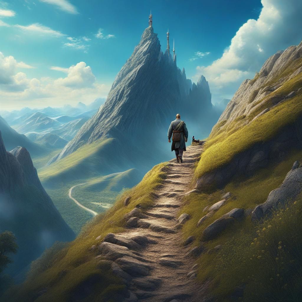 a path up a mountain. blue sky. bright-looking picture. There is a man ...