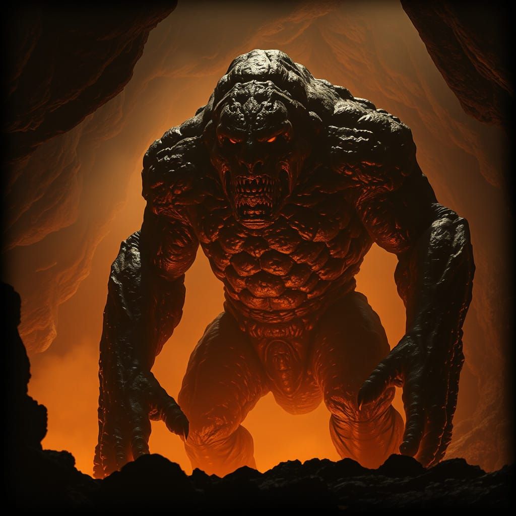 Majestic Sepia Lava Being in Cinematic Darkness - AI Art