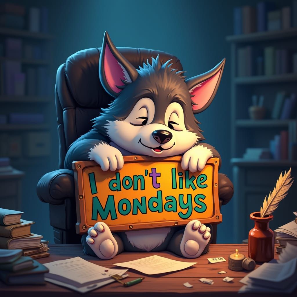 Happy Shaggy Husky in a Monday Blues Slump - AI Art