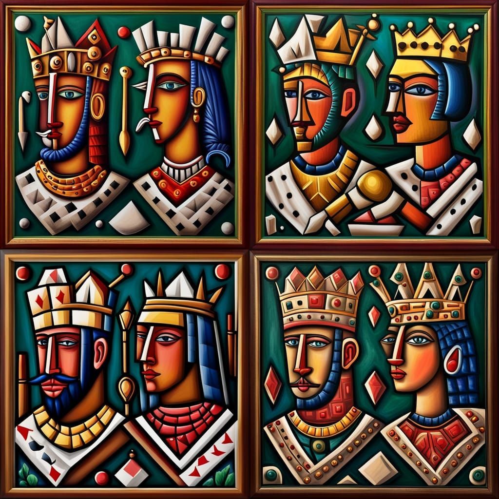 Create an imaginative oil painting featuring the king and queen face ...