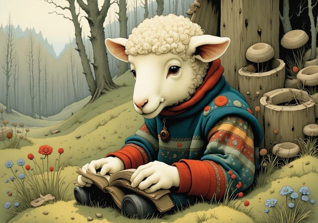 Anthropomorphic Sheep Knits Colorful Sweater in Wh... - AI Art