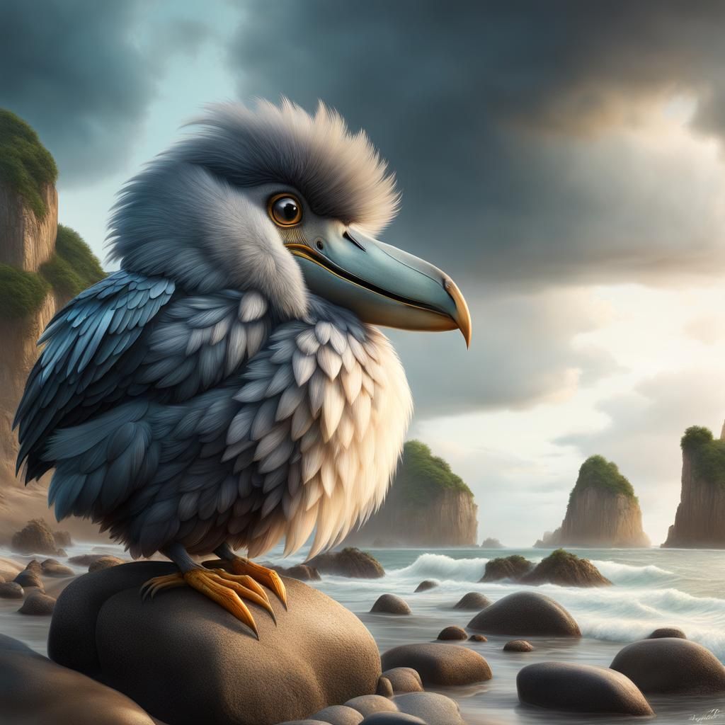 cute, adorable fat downy fluffy chibi Shoebill, rocky beach, dramatic ...