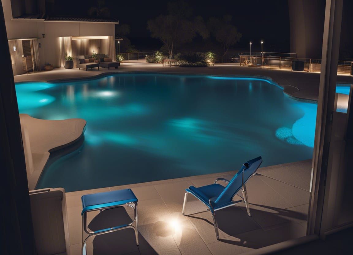 View from a balcony, pool lit up blue Lawn chairs next to the ice chest ...