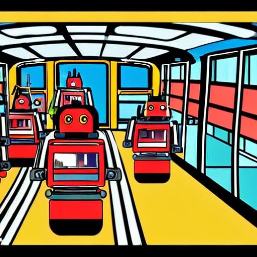 wide view of a robot cyborg android school bus driver robot driving a ...
