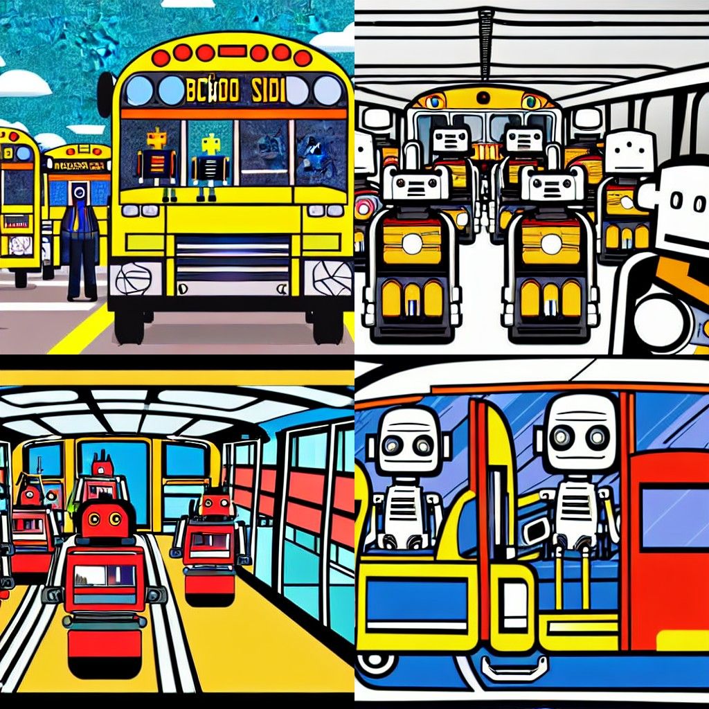 wide view of a robot cyborg android school bus driver robot driving a ...