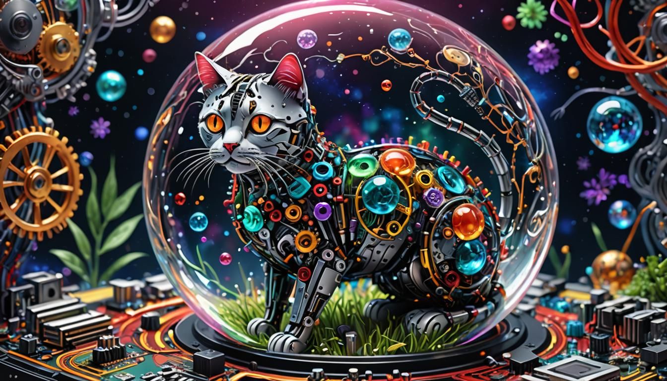 The half robotic cat trapped in a glass ball - AI Generated Artwork ...