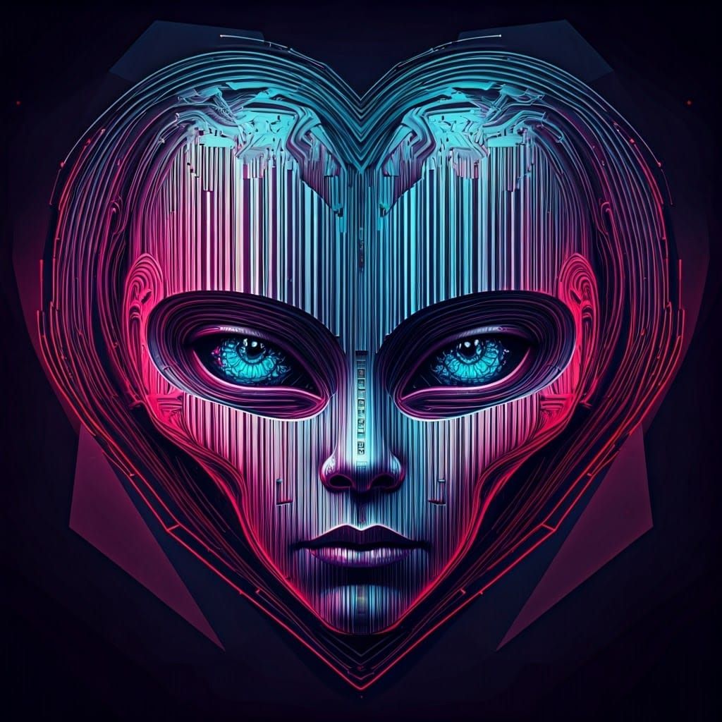 Cyberpunk Alien Head in Distorted Barcode Patterns - AI Art