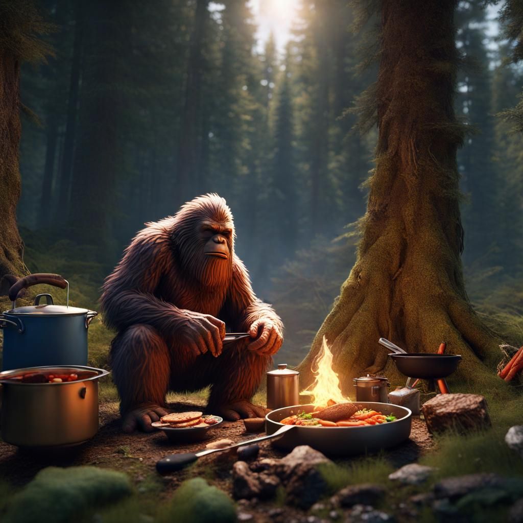 Sasquatch cooking dinner in the forest, 64k resolution, a masterpiece ...