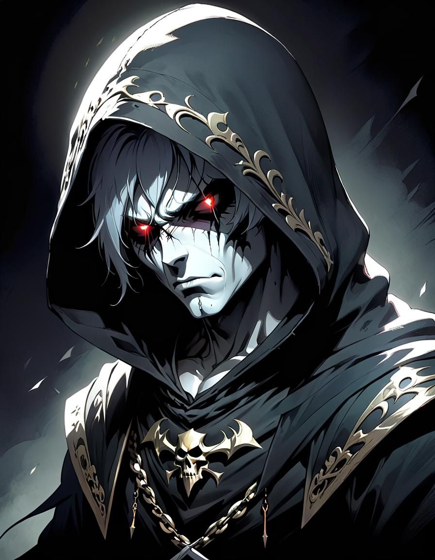 a hooded young undead, with cracks on his face, darkness seeping from ...