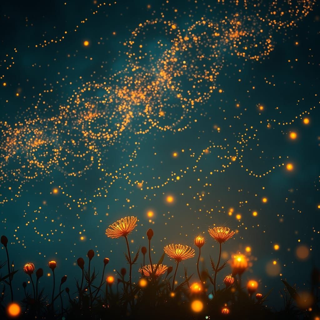 Swirling Fireflies Form Flowers: Digital Matte Pai... - AI Art