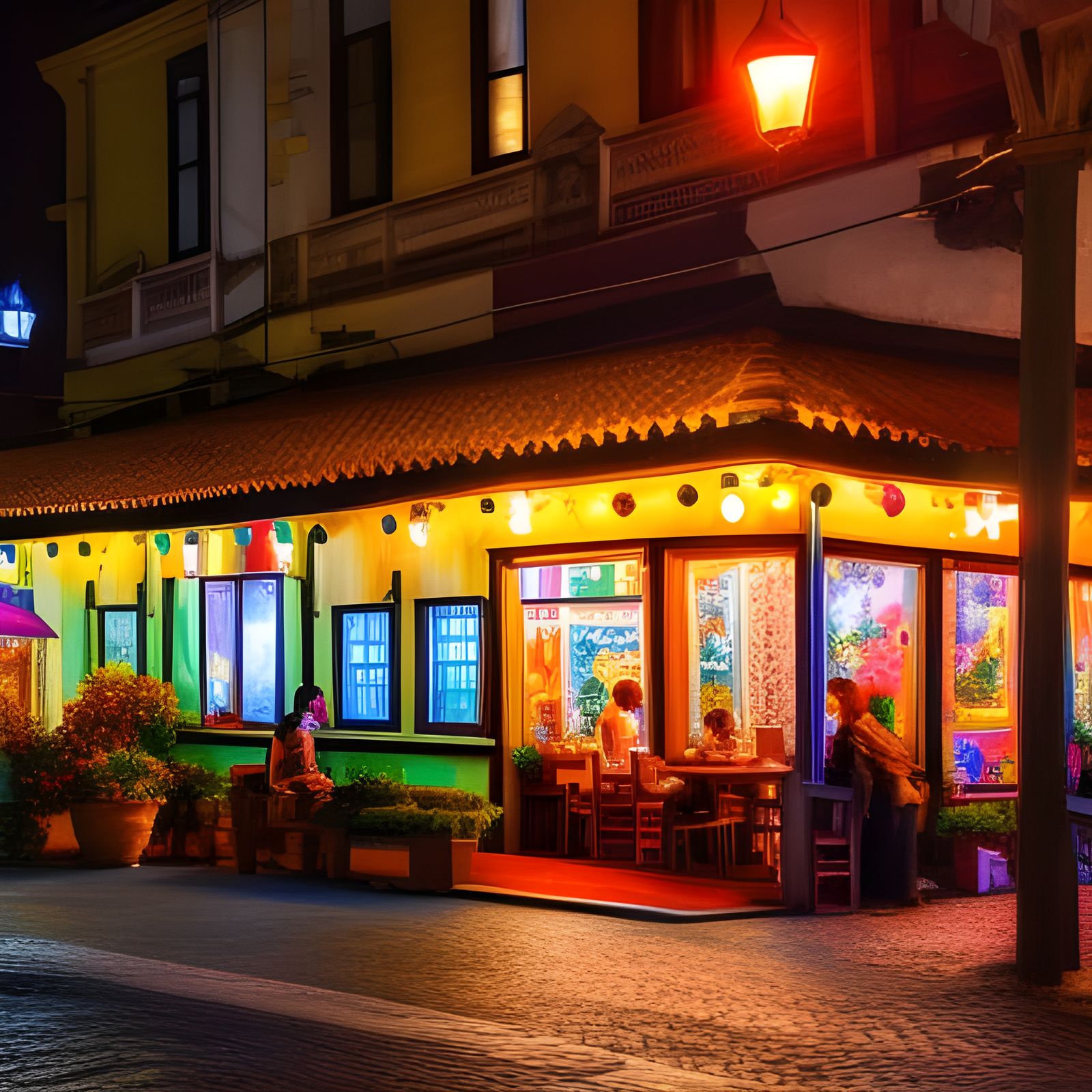 a cozy night cafe, a cafe in a beautiful colorful city at night, people ...