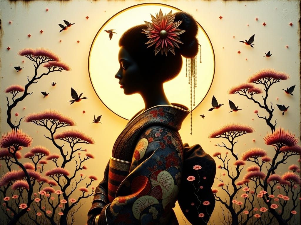 GEISHA & BIRDS SILHOUETTE - GEISHA & BIRDS SILHOUETTE