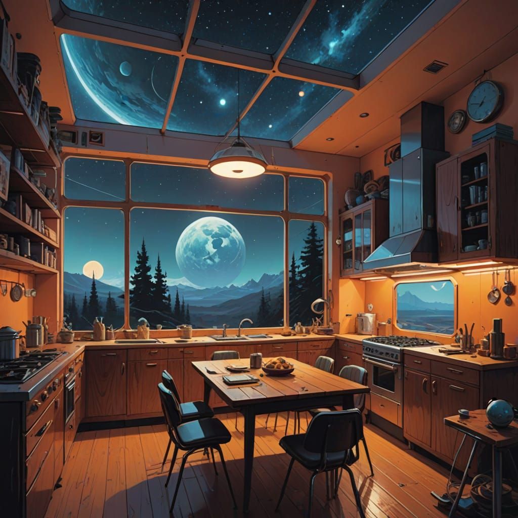 a small kitchen, with a square glass window, showing space with planets ...