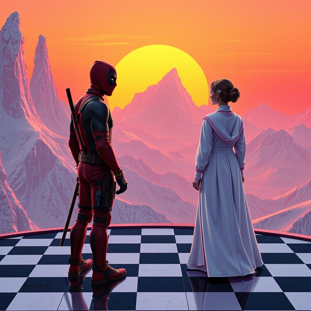 Red Deadpool and Princess Leia Stand on Chessboard... - AI Art