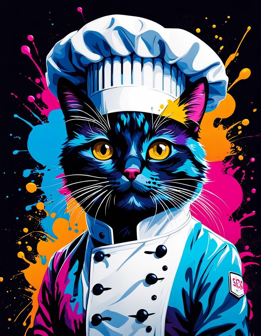 Personified adorable colorful cat, Chef, head and shoulder portrait, big eyes, HDR, graffiti art ...