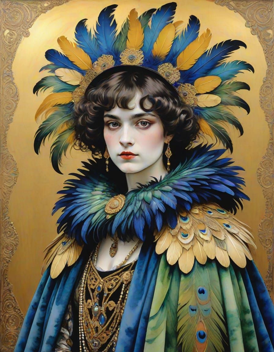 Ornate Carnival Queen in Gilded Watercolor Feather... - AI Art