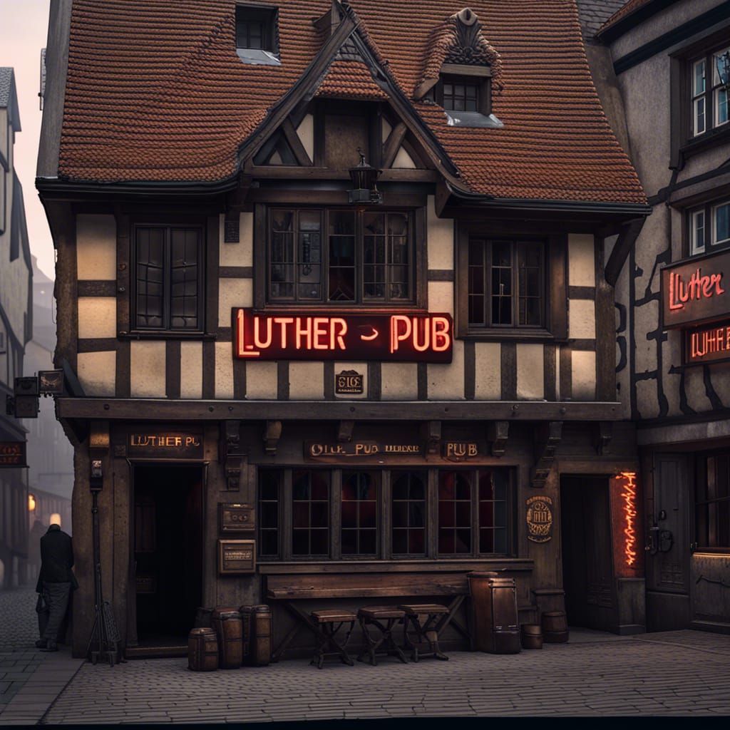 Old medieval Pub in medieval Germany with the inscription "Luther Pub ...