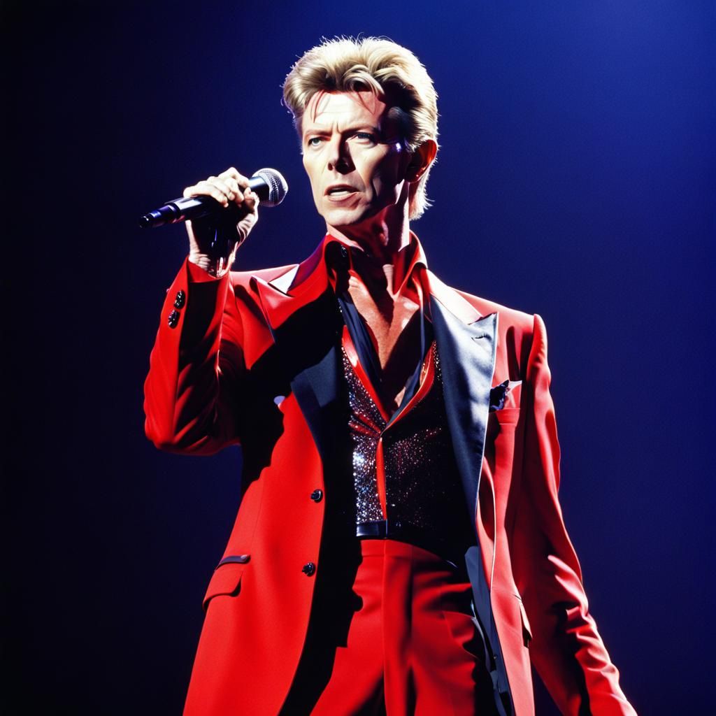 David Bowie on stage in 1987 Glass Spider Tour, red suit - AI Generated Artwork - NightCafe Creator