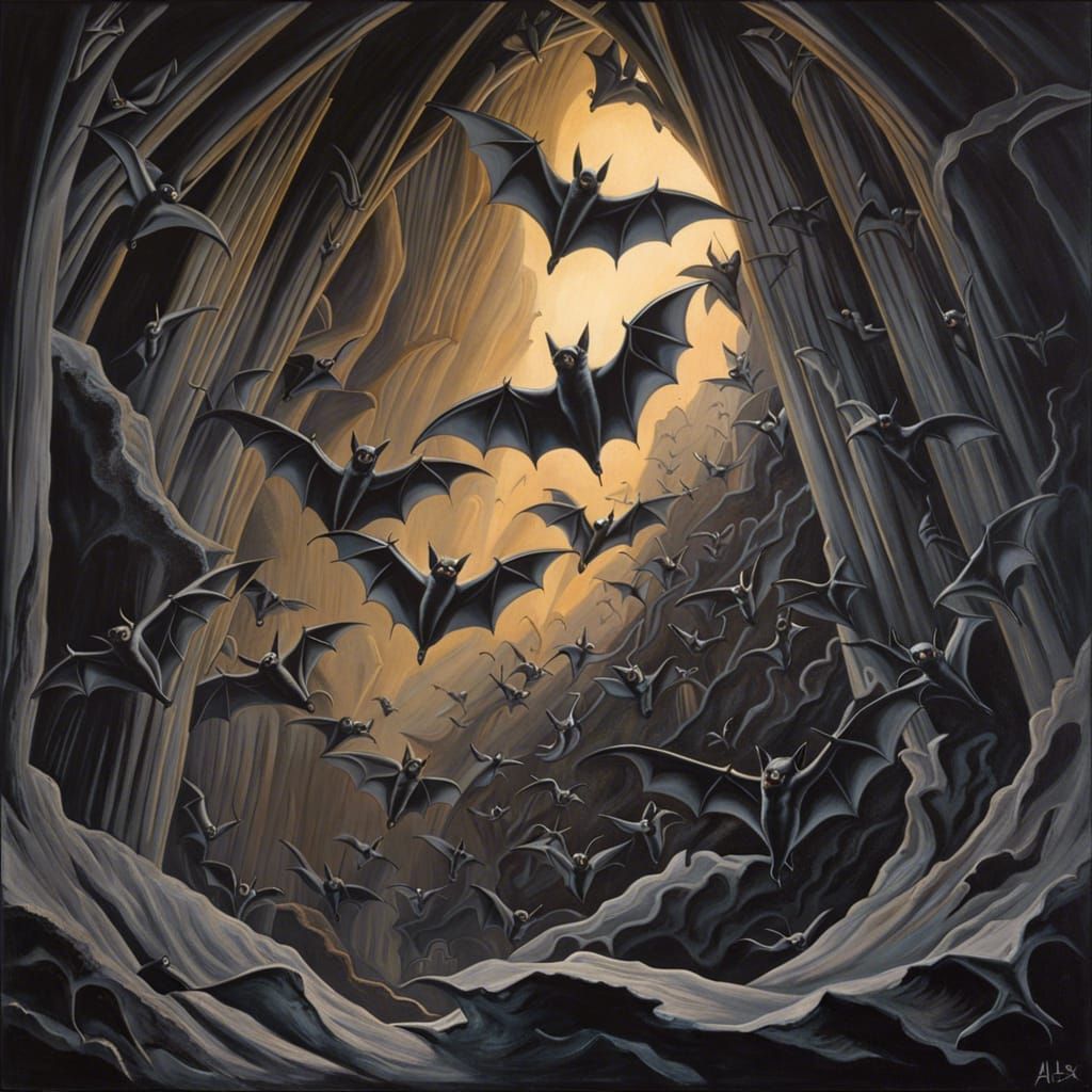 A flock of bats, black and grey, flying out of a cave, oil on canvas ...