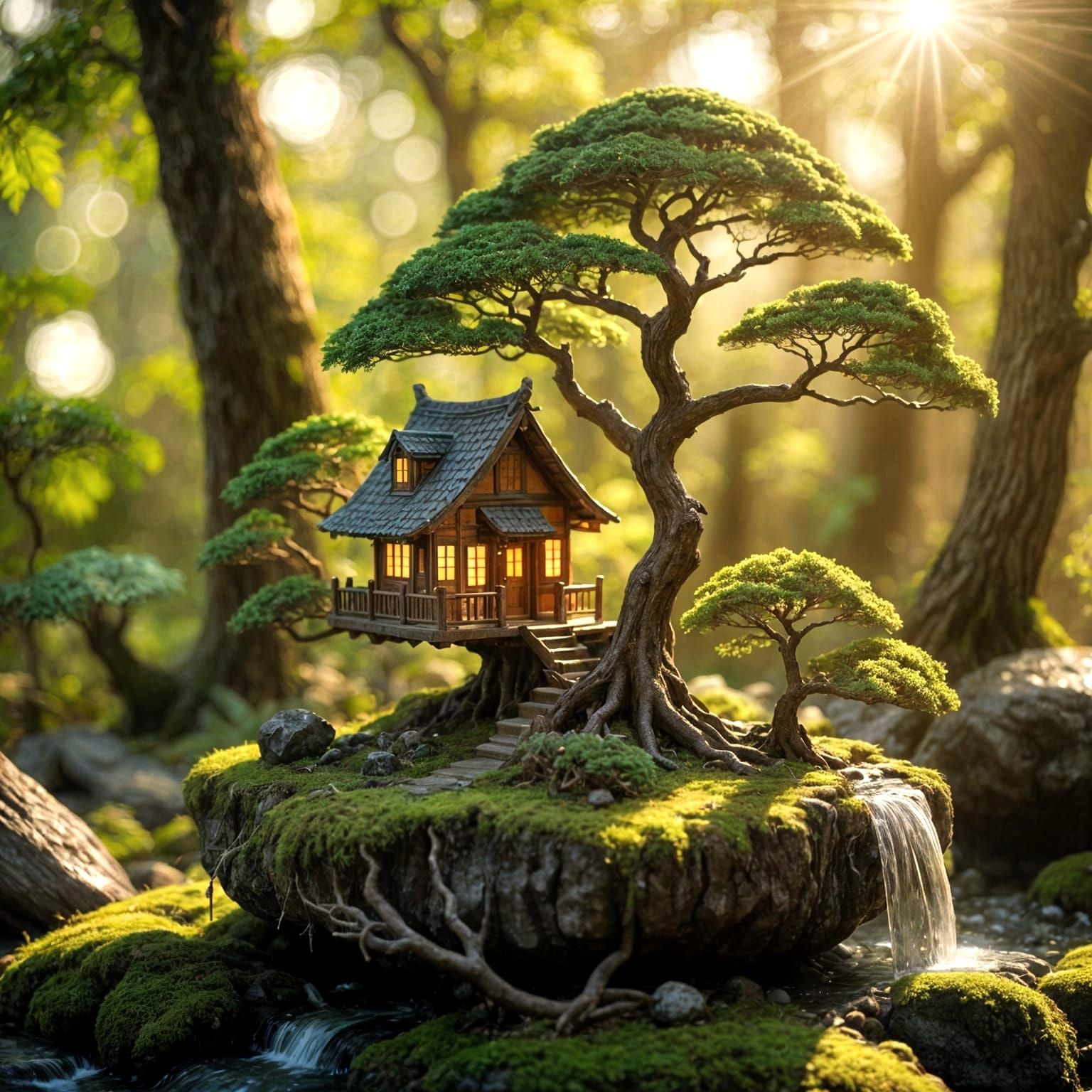treehouse temple, on a bonsai tree, in a pot, waterfalls and nature ...