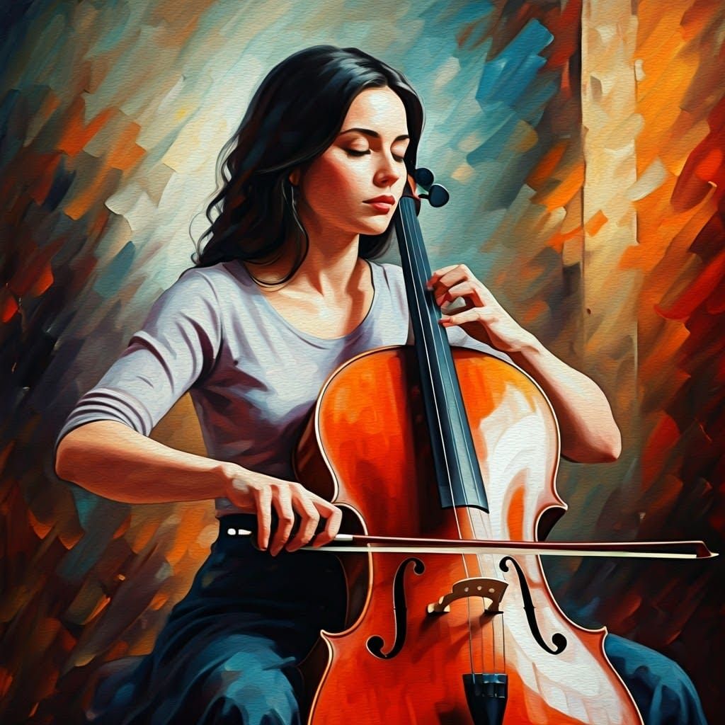 Impressionist Oil Painting of a female cello player in a serene ...