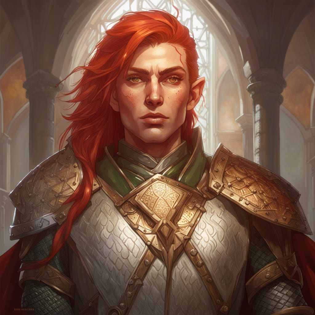 Elf, cleric, Red Hair, Chainmail, priest of thr sind, Mace, shield ...