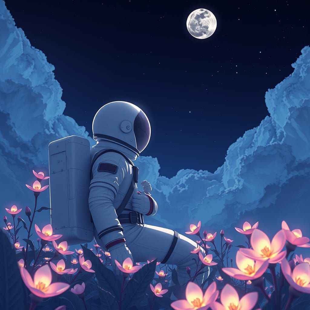 Astronaut in Futuristic Suit Stands on Glowing Flo... - AI Art