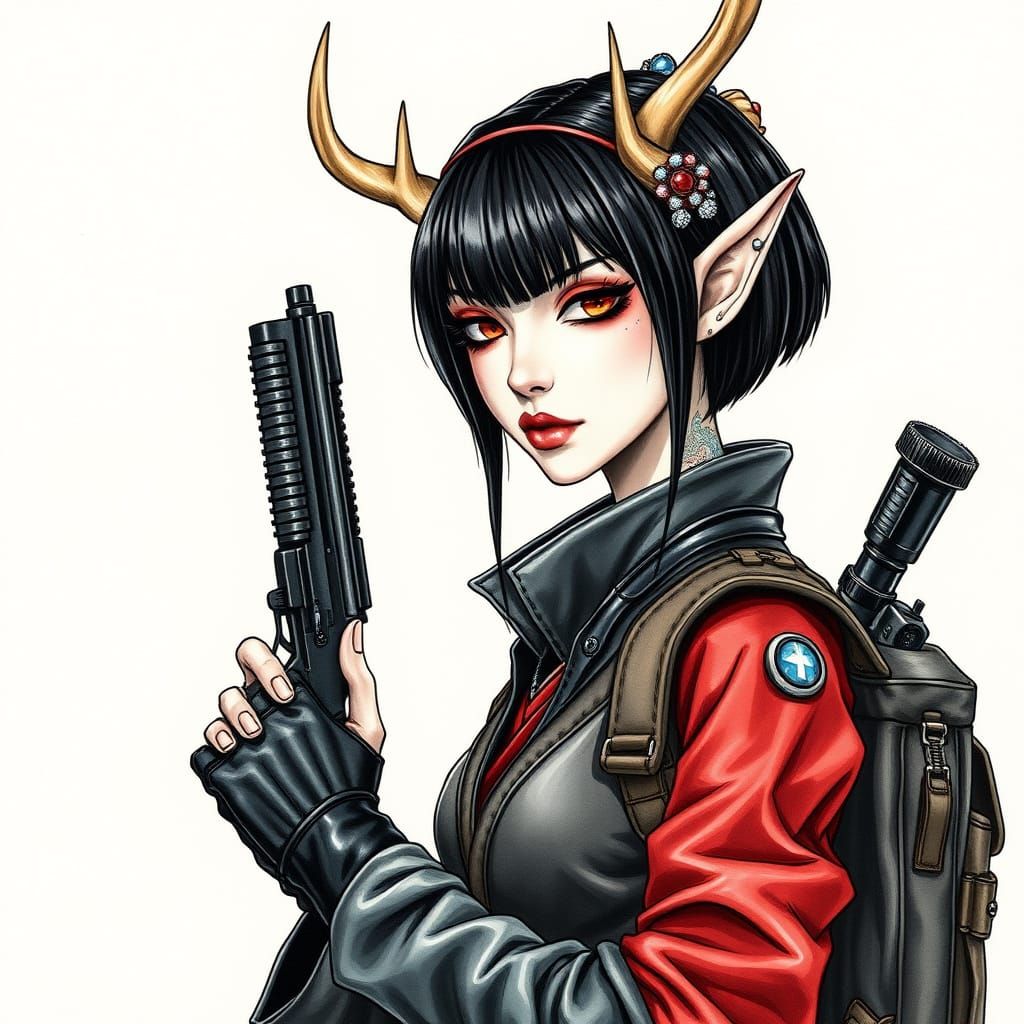 Portrait of a elf woman with long pointed elf ears deer antlers and red ...