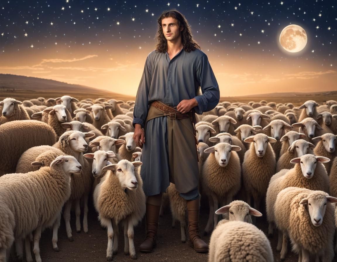 Young handsome shepherd stands in his herde of sheeps. - AI Generated ...