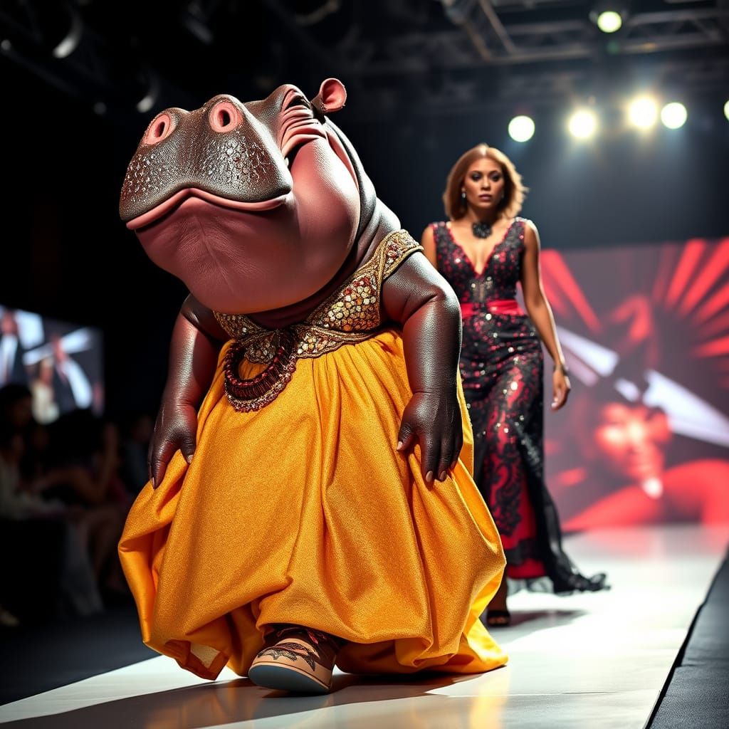 Glamorous Hippo Struts Down High-Fashion Runway in... - AI Art