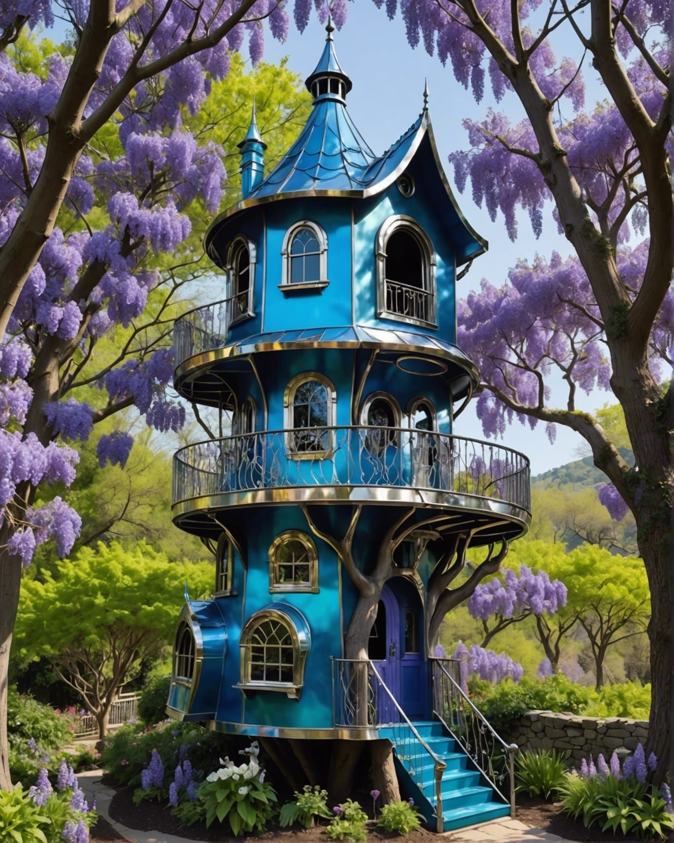 Tall blue chrome house - AI Generated Artwork - NightCafe Creator