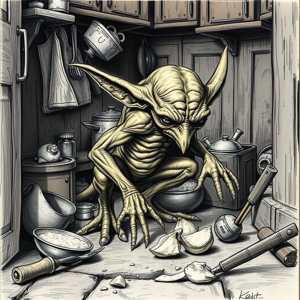 gremlin in the kitchen - Gremlin in a Hyperdetailed Charcoal...
