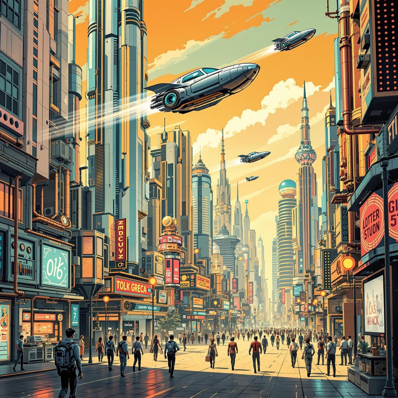 A bustling metropolis with sleek, Art Deco-inspired skyscrapers and ...