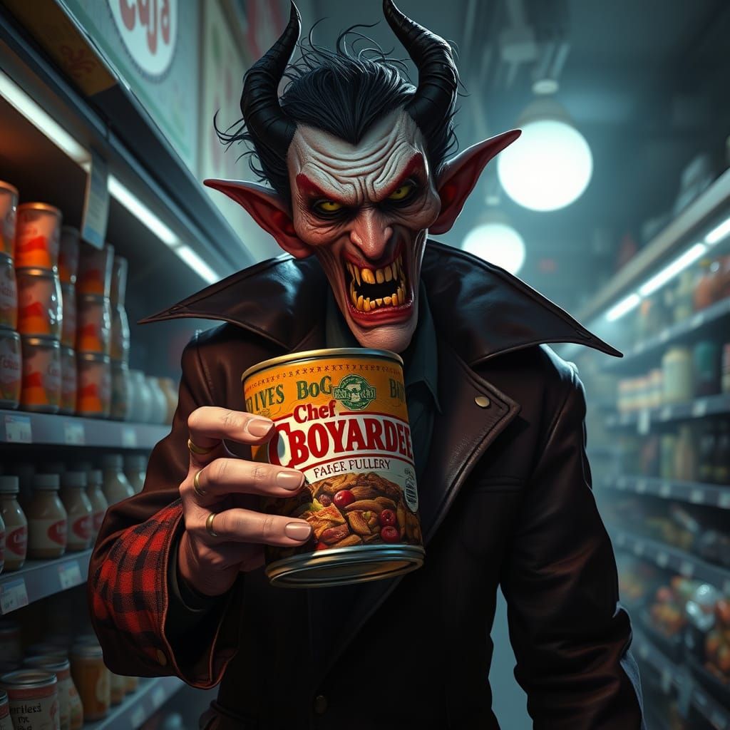 Vampire Shopkeeper Unveils Midnight Snack in a Gro... - AI Art