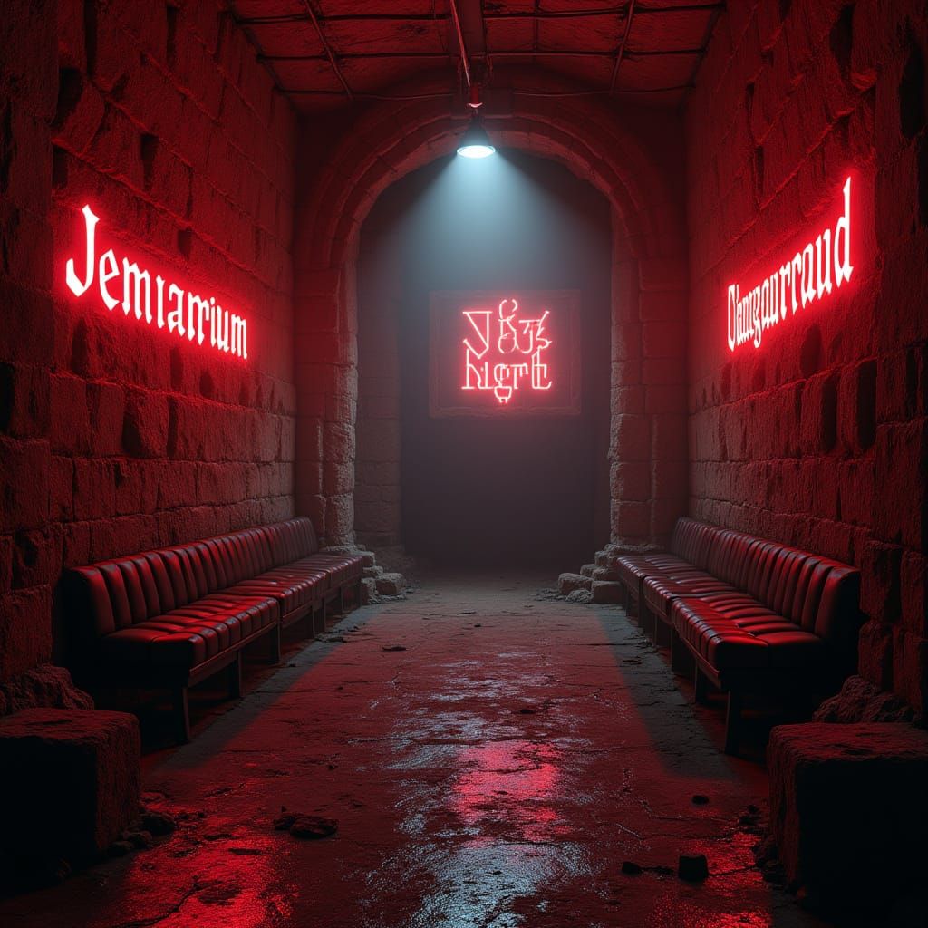 Medieval Nightclub Stage with Neon Signs in Dark I... - AI Art