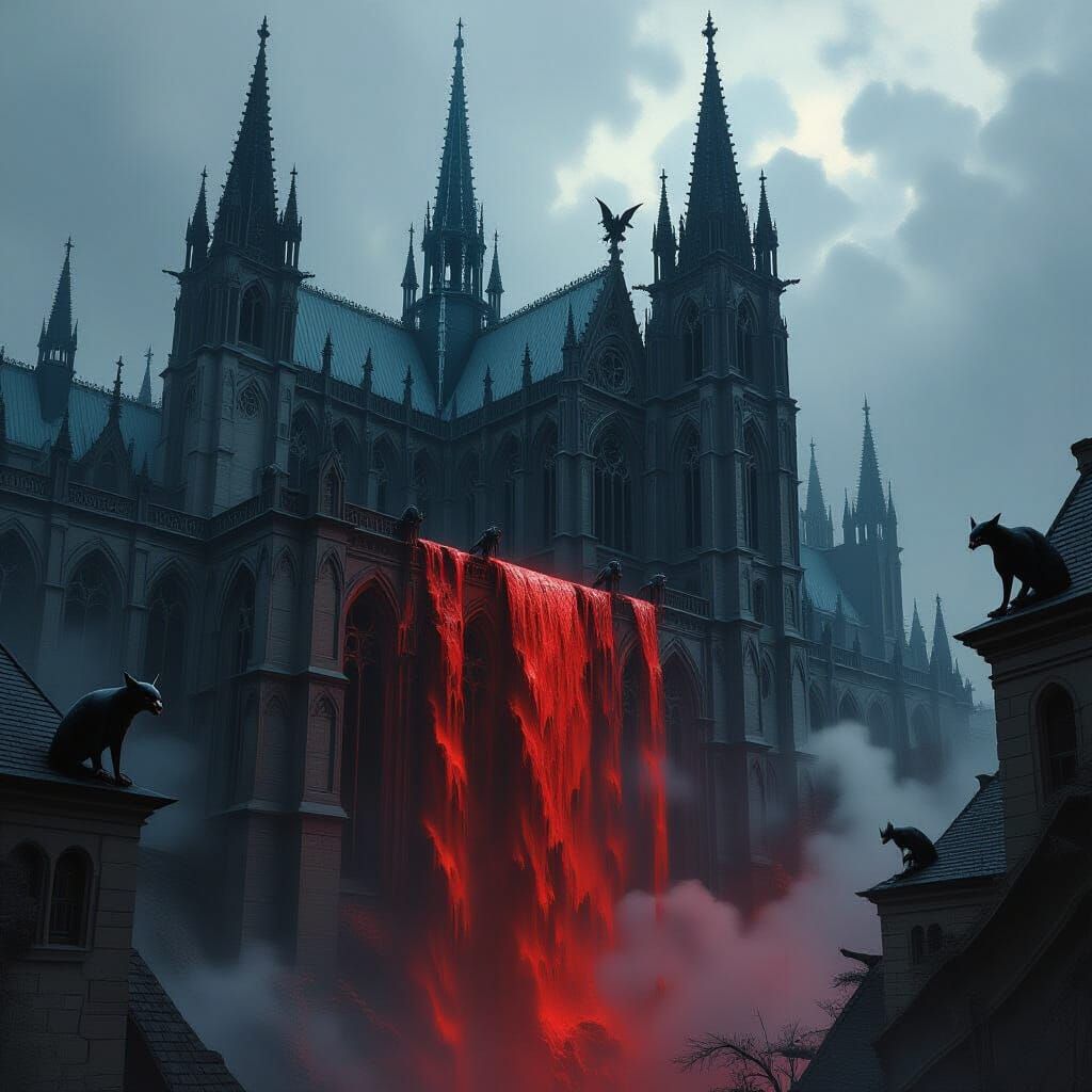 Demonic art. A waterfall of blood cascades down the side of a gothic ...