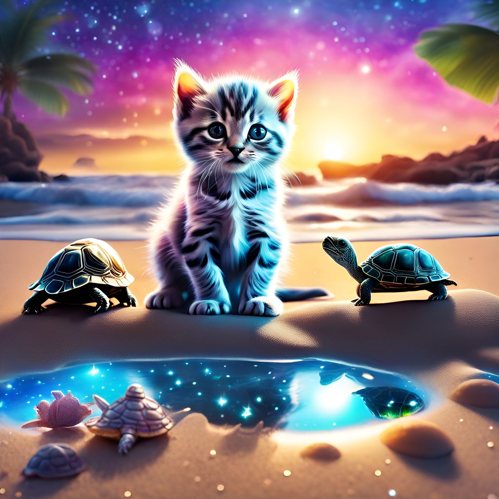 Vey Handsome Kitten On Beach With Turtles - AI Generated Artwork ...