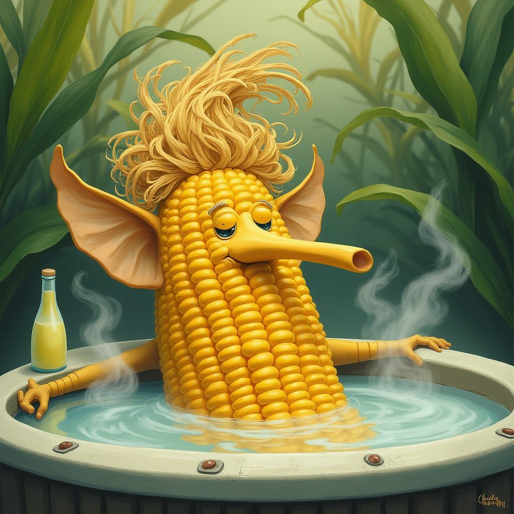 Whimsical Corn Figure Soaks in a Dreamlike Hot Tub - AI Art