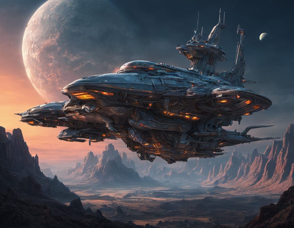 starship voyager hovering over an alien landscape with a full moon ...