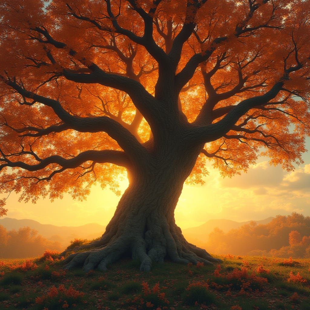 Tree of Life - Majestic Tree with Vibrant Leaves in Digital...