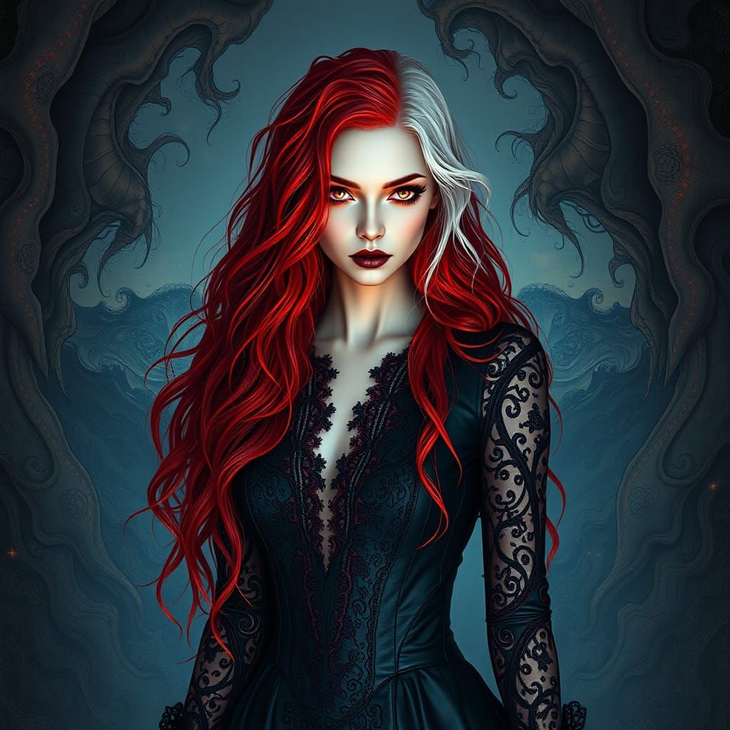 A statuesque, white-haired gothic woman, draped in a dark, lace-trimmed ...