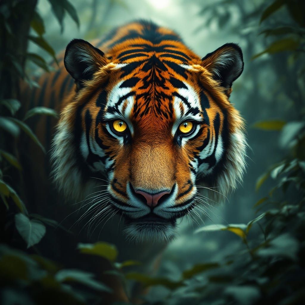Realistic Tiger Portrait in Jungle with Vivid Colo... - AI Art