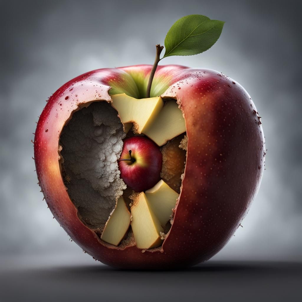 Image mixture of an apple, half fresh apple morphs to half rotten apple ...