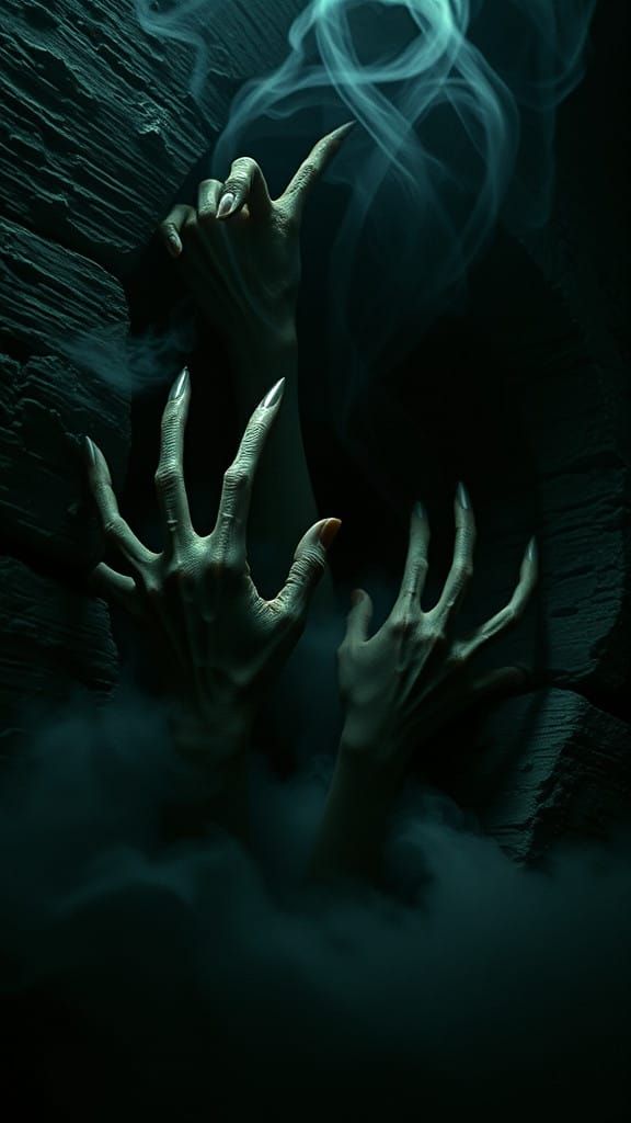 Ethereal Hands Emerge from Ancient Wall in Hauntin... - AI Art