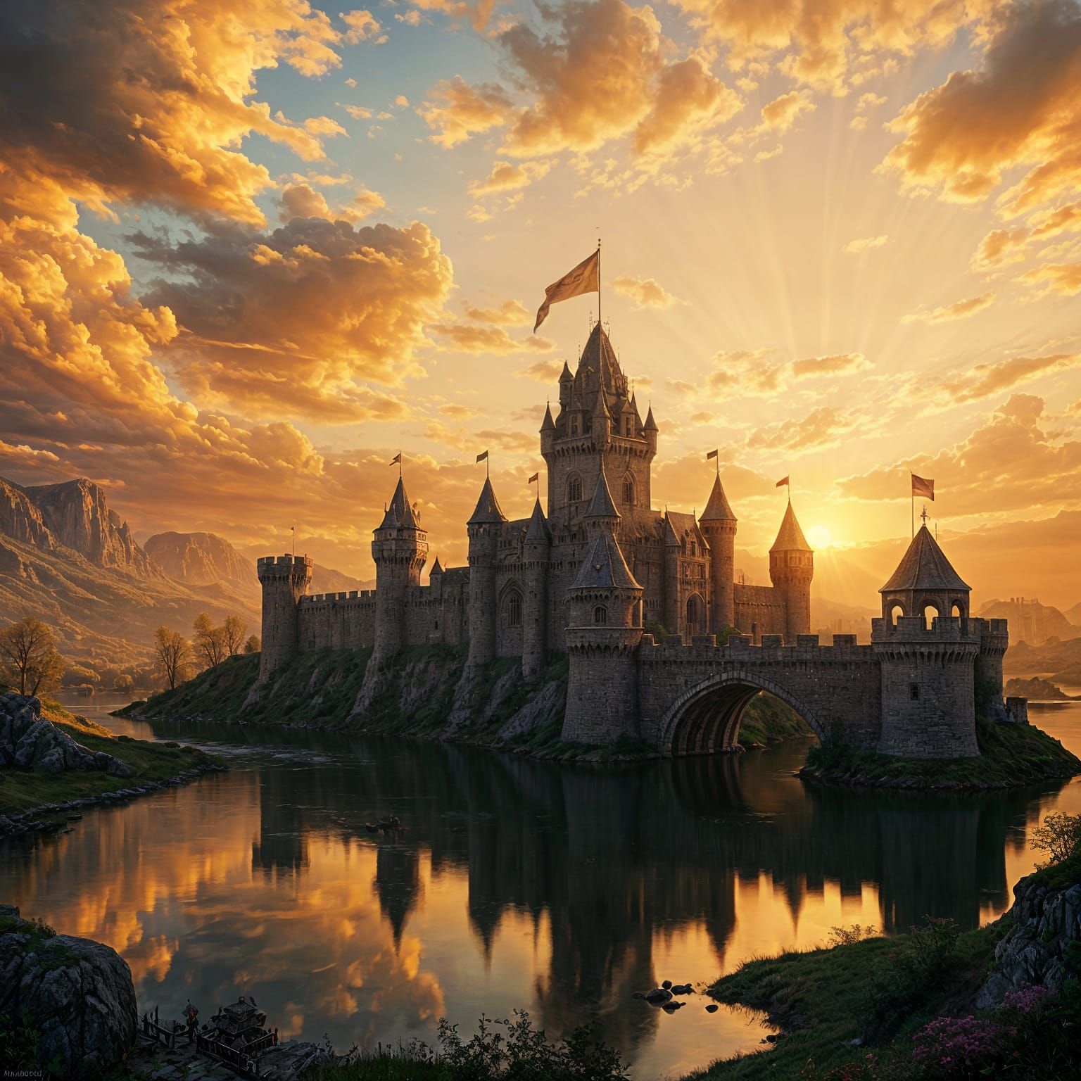 A medieval castle at sunset, golden light, moat, drawbridge, knights ...