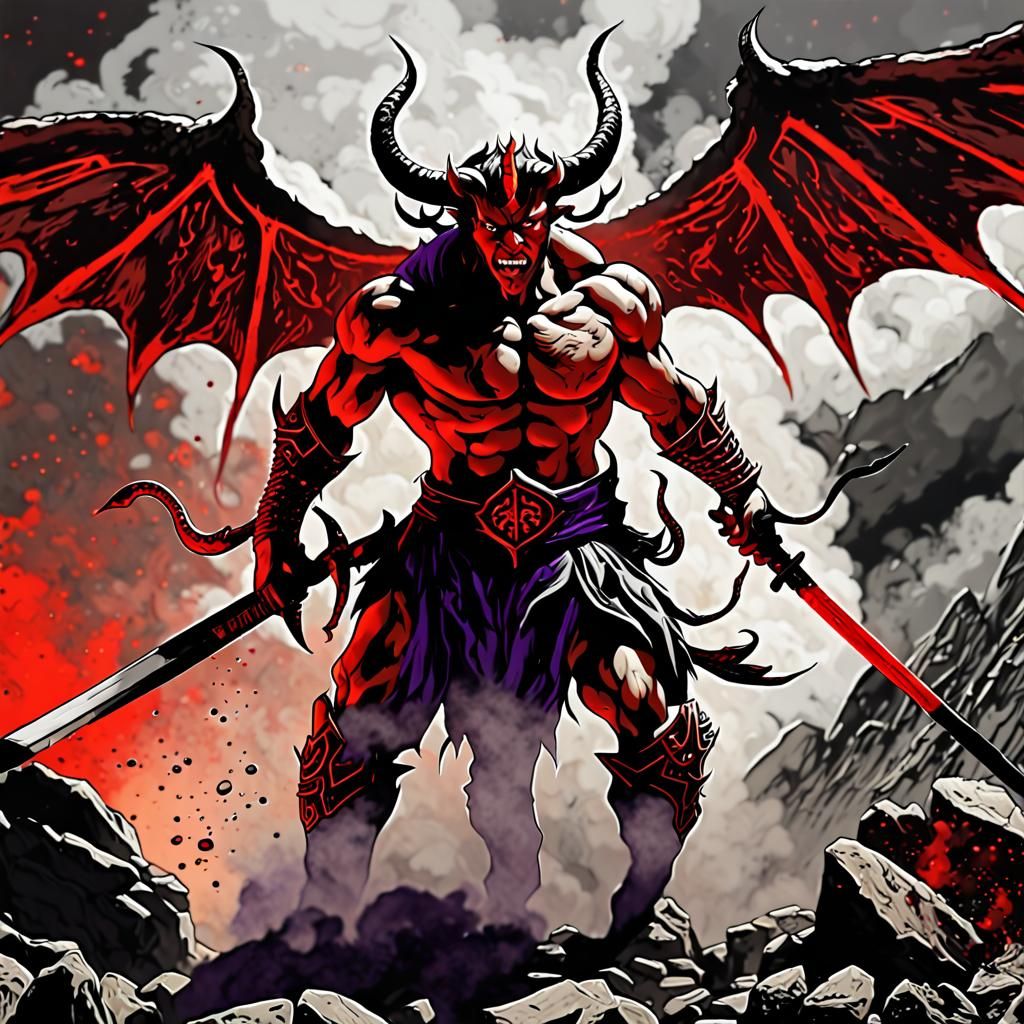 winged devil with two swords, one red and one grey - AI Generated ...