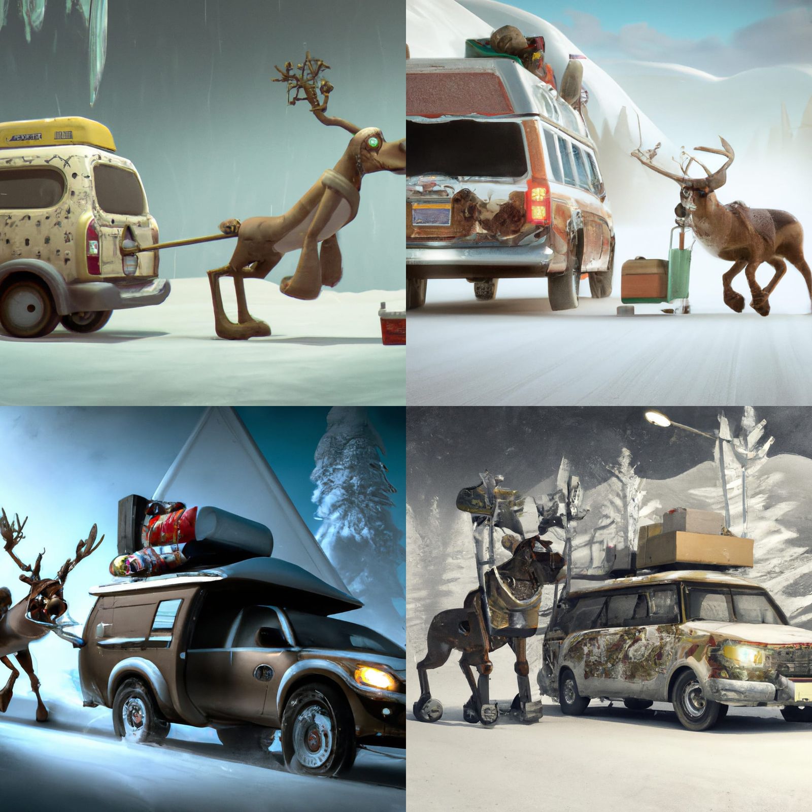 Weird reindeer pulling a mini-van in winter detailed matte painting ...