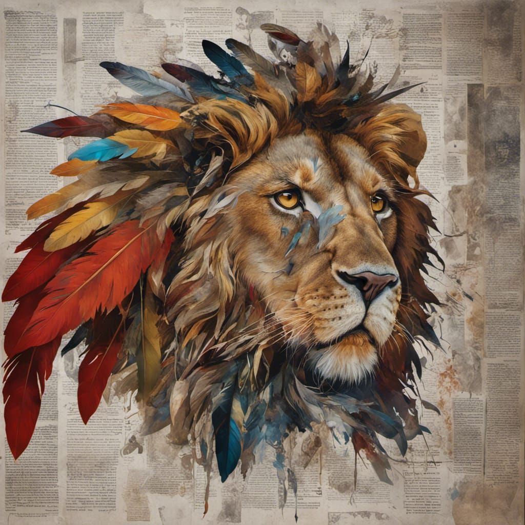 Collage of lion using newspaper and feathers by Jackson pollock - AI ...