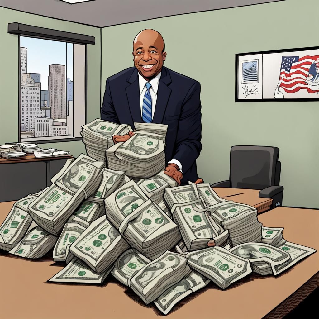 Eric Adams with a giant sack of money cartoon - AI Generated Artwork ...